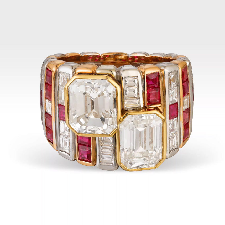 4.86Ct Emerald Cut Double Ruby Ring-JOSHINY