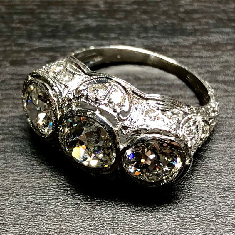 【In Stock】8.3ctw Old Mine Cut Antique Estate 3 Stone Ring -JOSHINY