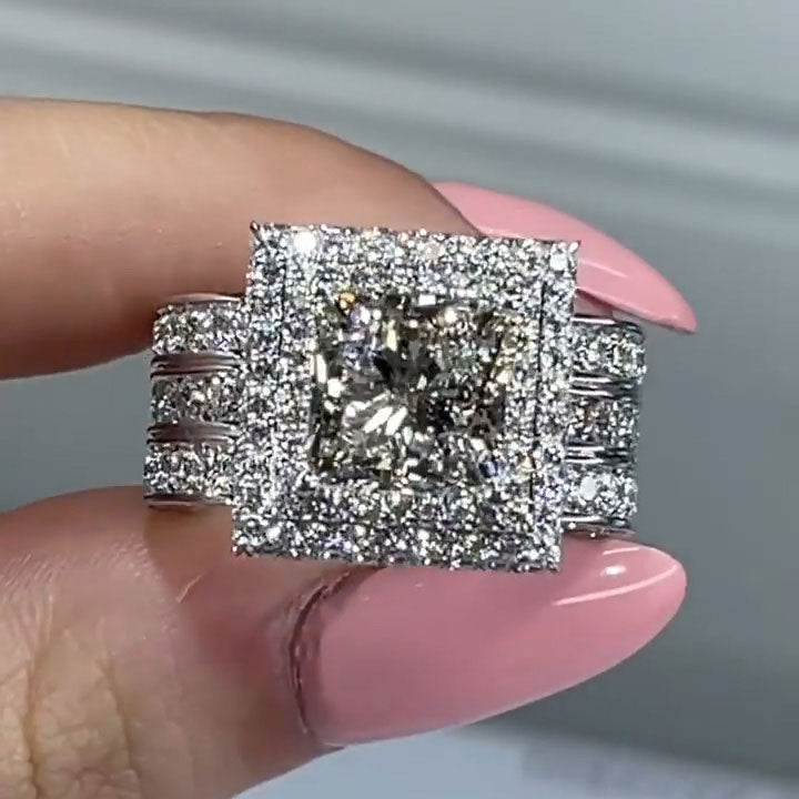 3.6ct Princess Cut Triple Row Diamond Engagement Ring -JOSHINY